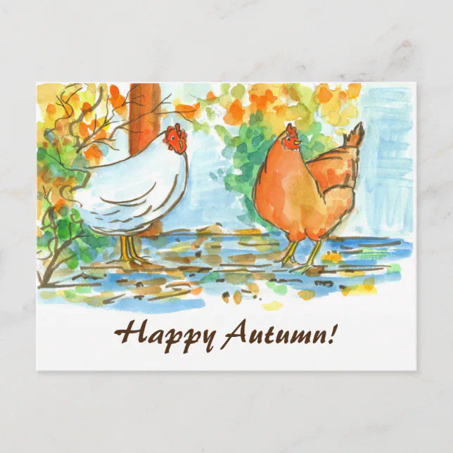 Watercolor Chickens Happy Autumn Postcard | Zazzle