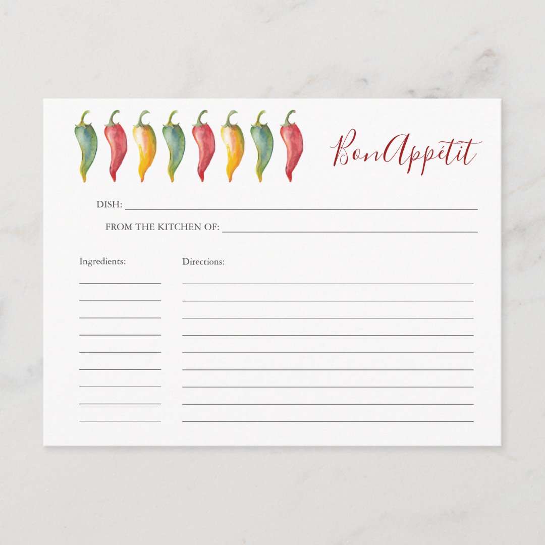 Watercolor Chili Peppers Recipe Card | Zazzle