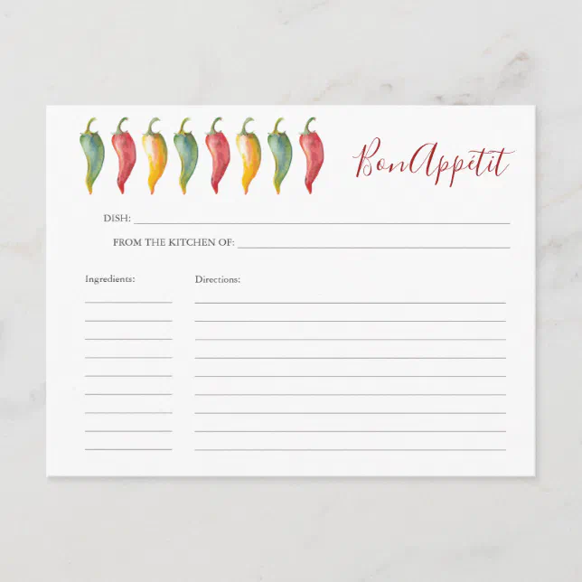 Watercolor Chili Peppers Recipe Card | Zazzle