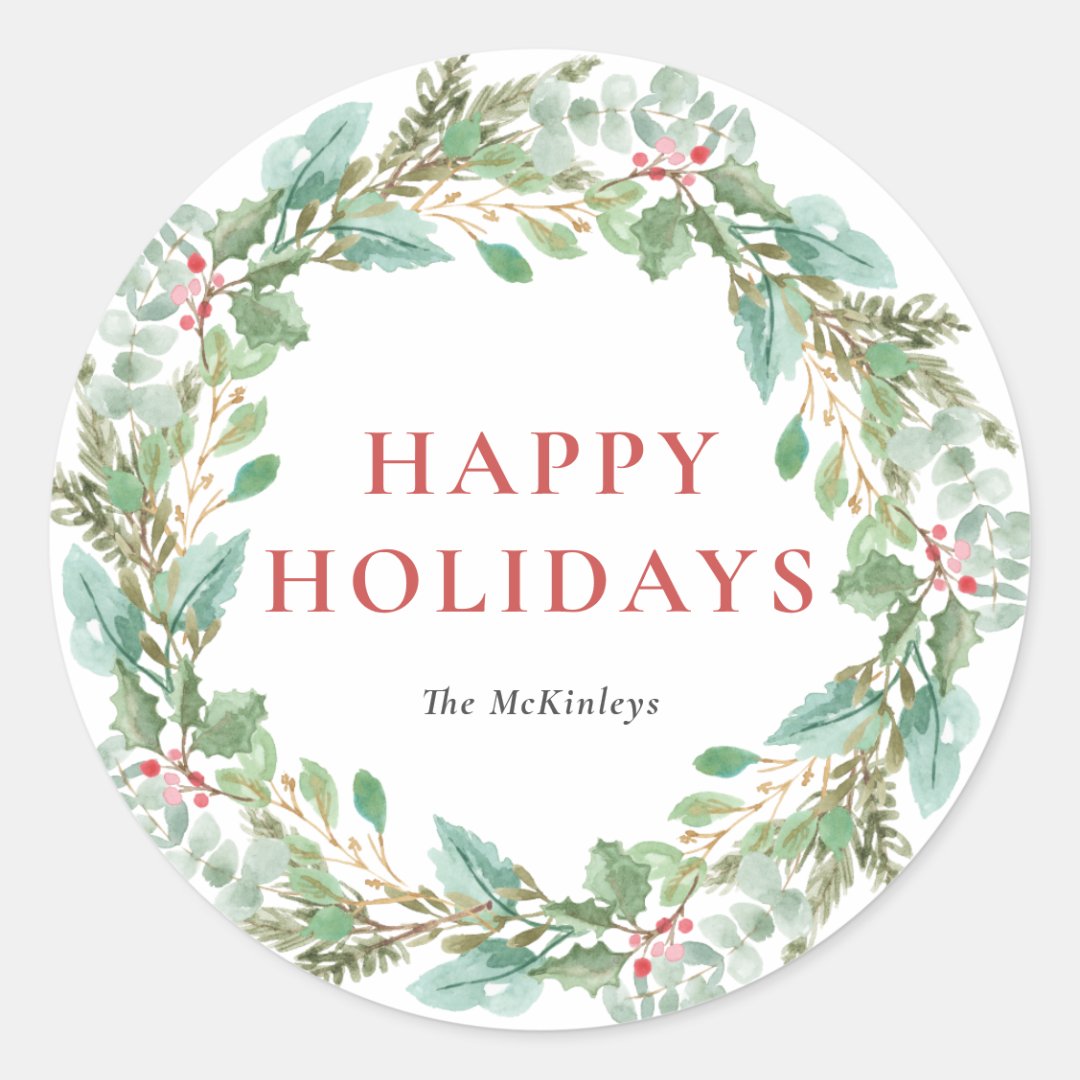 Watercolor Christmas Foliage & Holly Wreath Classic Round Sticker | Zazzle