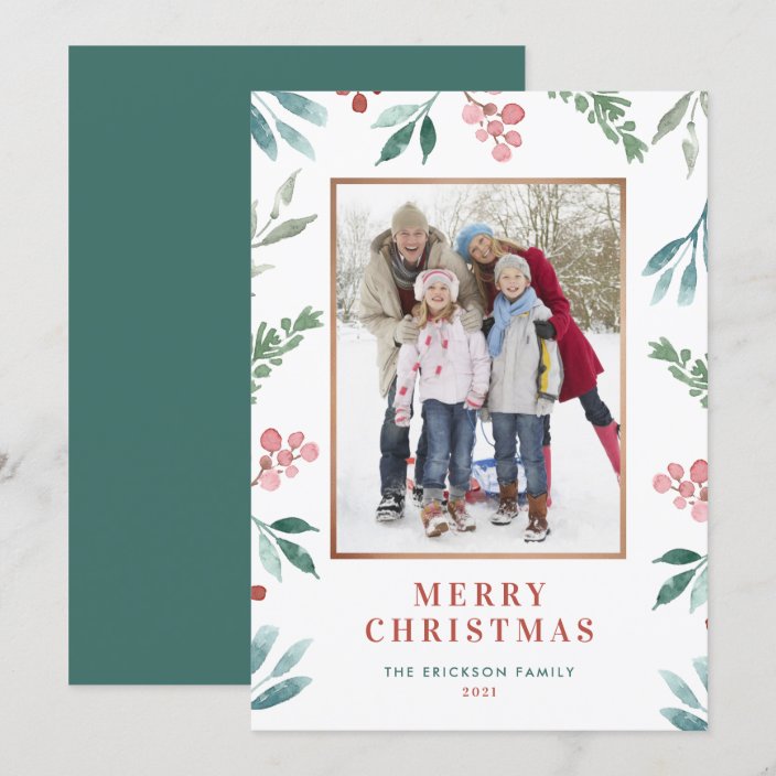 Watercolor Christmas Greenery Frame Photo Holiday Card | Zazzle.com