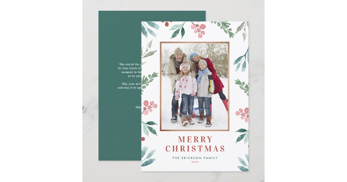 Watercolor Christmas Greenery Frame Photo Holiday Card | Zazzle
