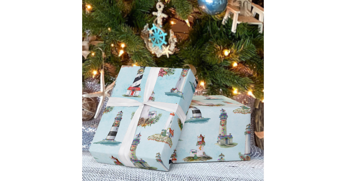 Watercolor Christmas Lighthouses Nautical Blue Wrapping Paper | Zazzle