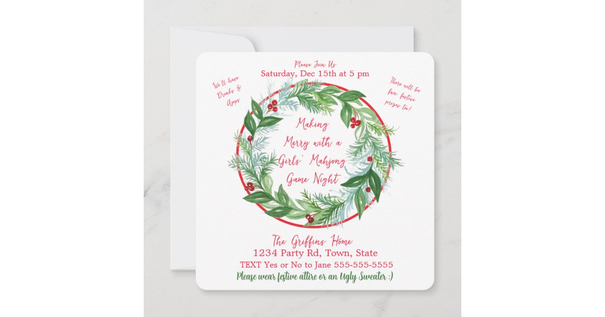 Watercolor Christmas MAHJONG Holiday Wreath Invitation | Zazzle