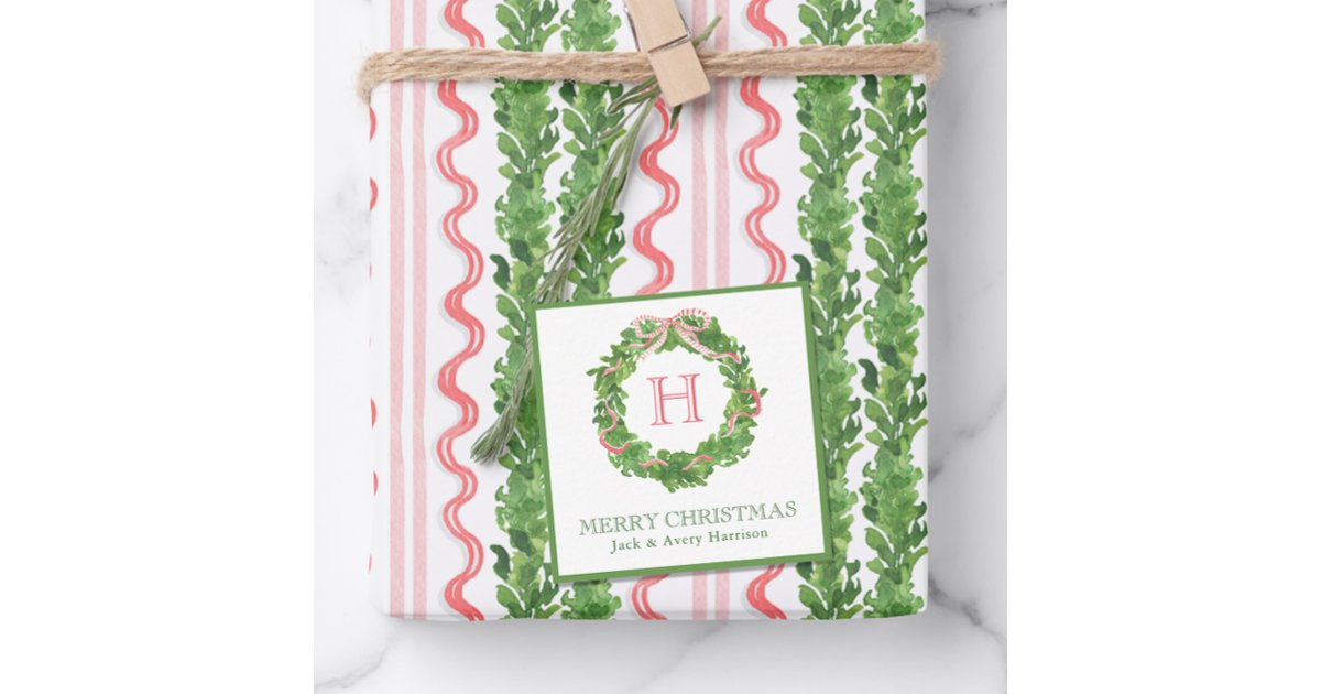 Watercolor Christmas Monogram Striped Bow Wreath Note Card | Zazzle