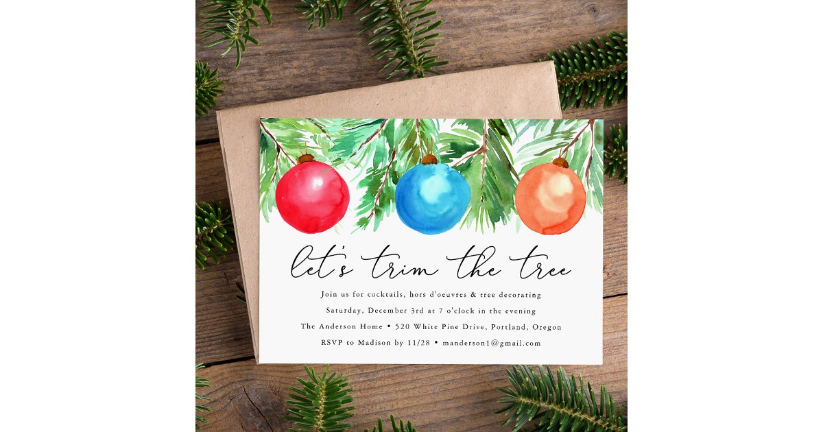 Watercolor Christmas Ornaments Tree Trimming Party Invitation | Zazzle
