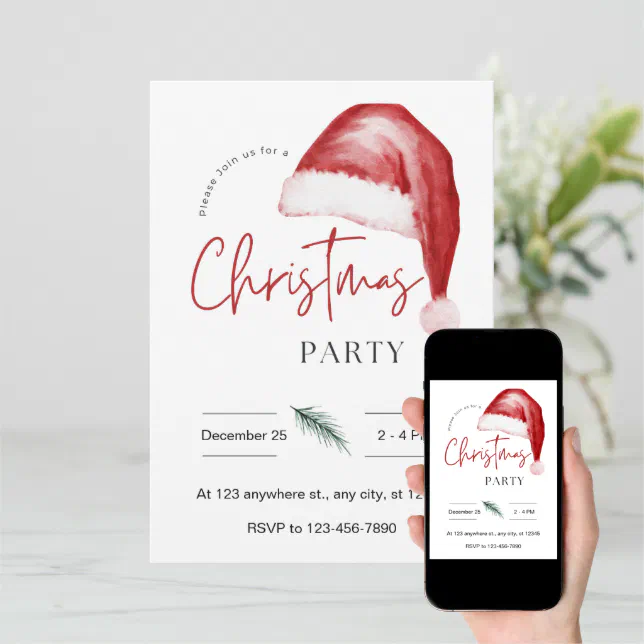 Watercolor Christmas Party Santa Hat Invitation | Zazzle