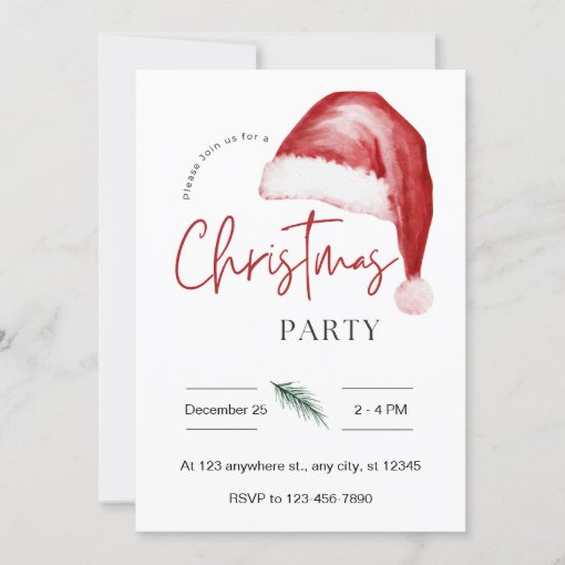 Watercolor Christmas Party Santa Hat Invitation | Zazzle