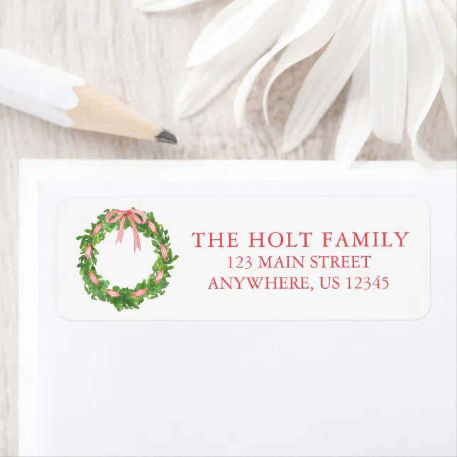 Watercolor Christmas Striped Ribbon Wreath Label | Zazzle