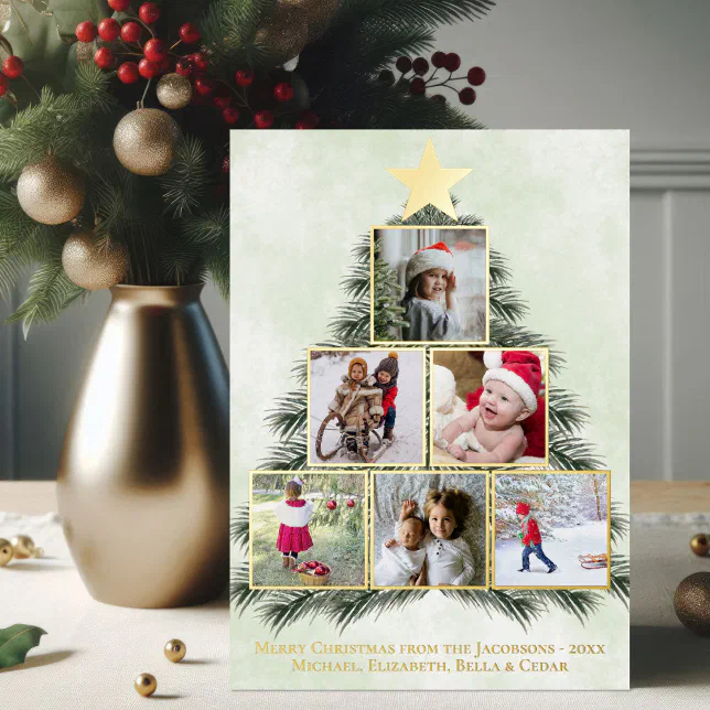 Watercolor Christmas Tree 6 Photo Collage Festive Foil Holiday Card ...
