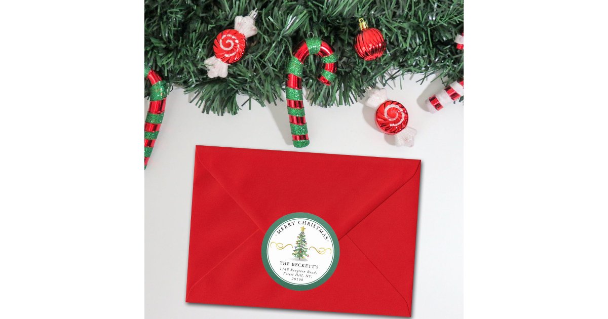 Watercolor Christmas Tree Custom Return Address Classic Round Sticker ...