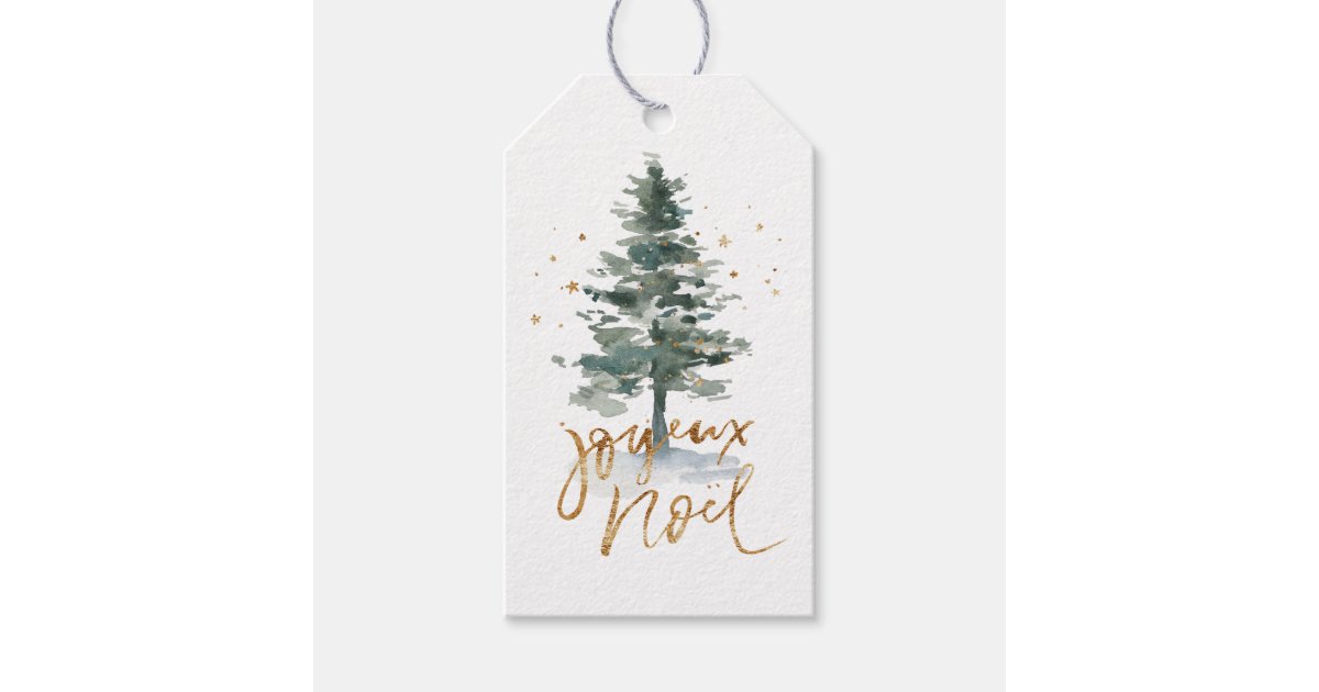 Watercolor Christmas Tree Gold Joyeux Noel Gift Tags | Zazzle
