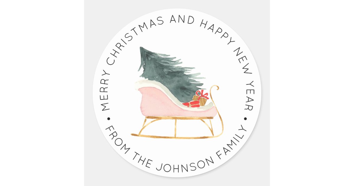 Watercolor Christmas Tree Sleigh Stickers Labels | Zazzle