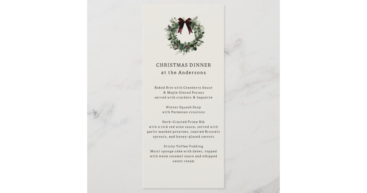 Watercolor Christmas Wreath Festive Dinner Menu | Zazzle