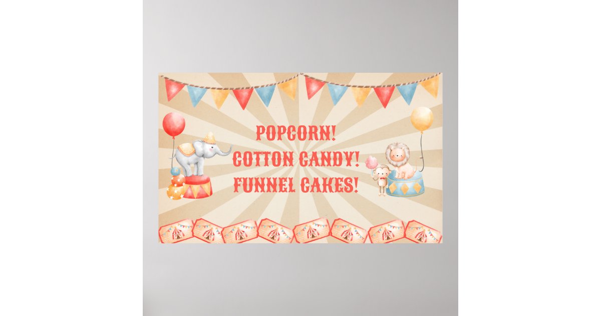 Watercolor Circus Animals Birthday Party Station Poster | Zazzle
