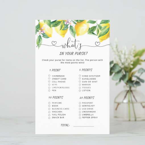 Watercolor citrus lemon what's in your purse game | Zazzle