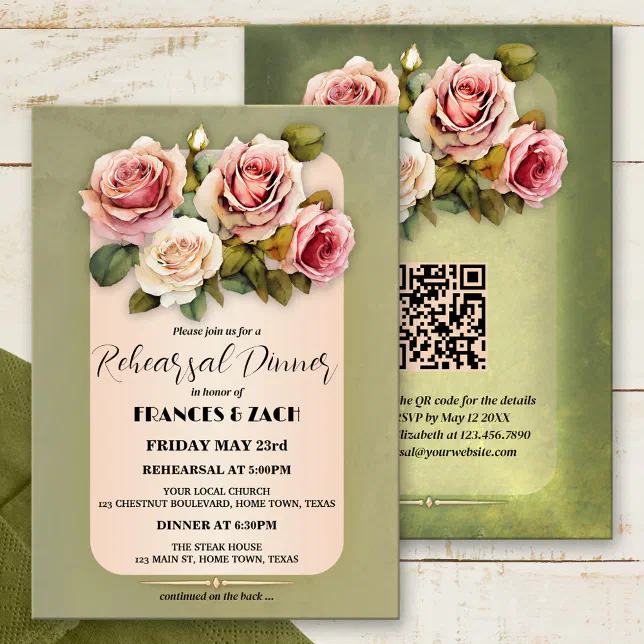 Watercolor Classic Roses QR Code Rehearsal Dinner Invitation | Zazzle