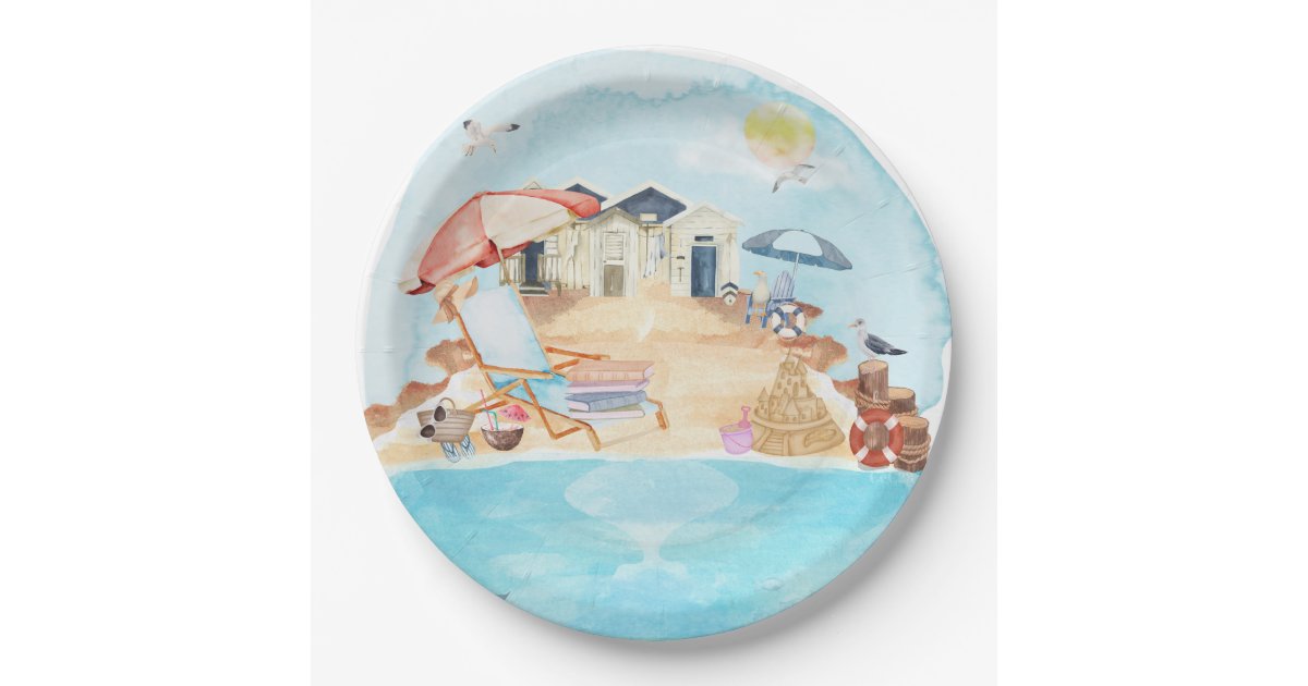 Watercolor Coastal Beach Scene Paper Plates | Zazzle