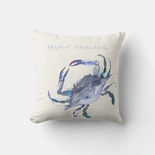 Watercolor Coastal Blue Crab Map Coordinates Outdoor Pillow | Zazzle