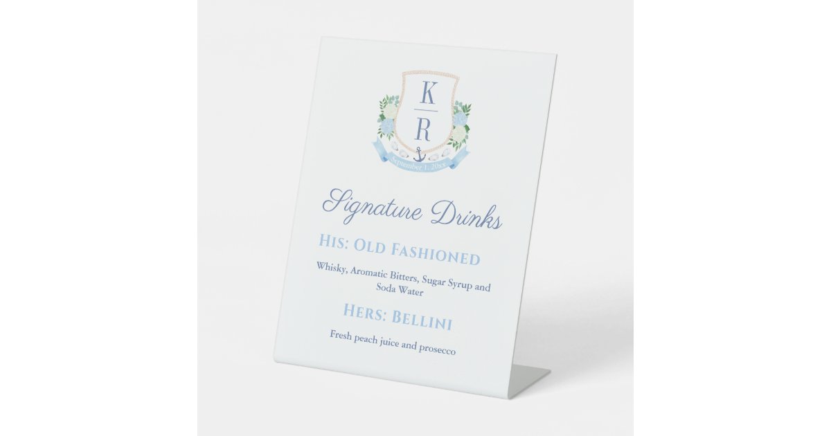 Watercolor Coastal Wedding Signature Drinks Pedestal Sign | Zazzle