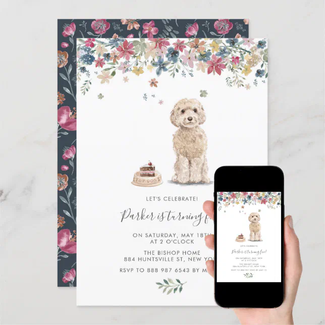 Watercolor Cockapoo Floral Garland Birthday Party Invitation | Zazzle