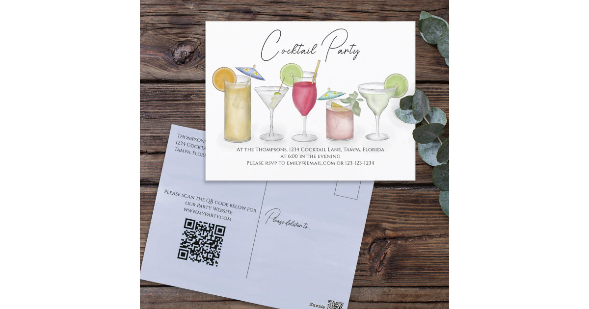Watercolor Cocktail Drinks QR Code Party Website Postcard | Zazzle