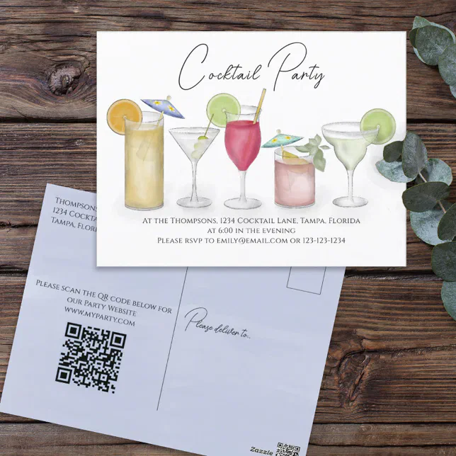 Watercolor Cocktail Drinks QR Code Party Website Postcard | Zazzle
