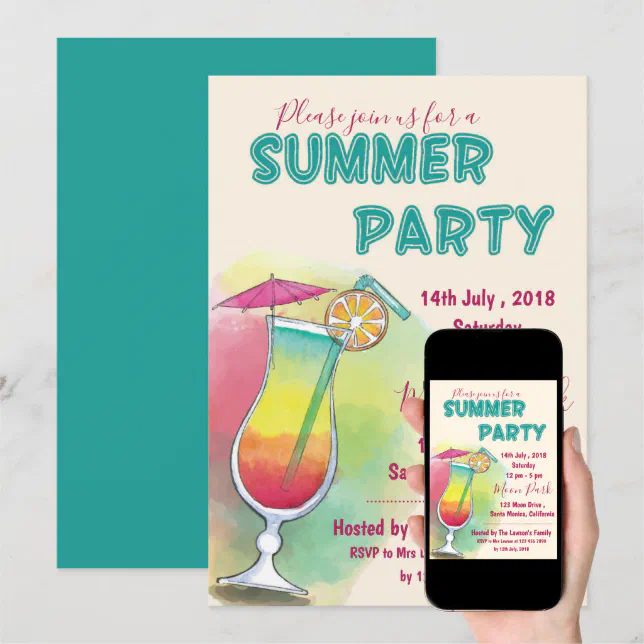 Watercolor | Cocktail Glass | Summer Party Invitation | Zazzle