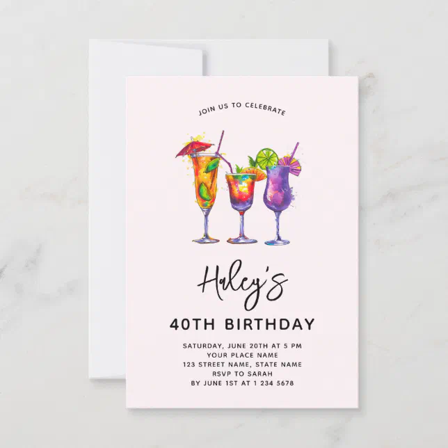 Watercolor Cocktails 40th Birthday Party Invitation | Zazzle