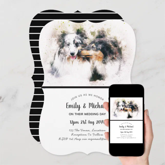 Watercolor Collie Dogs Wedding Invitations Elegant | Zazzle