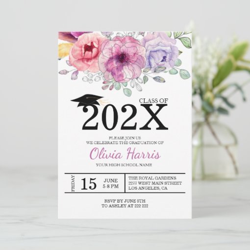 Watercolor Colorful Flowers Graduate Invitation | Zazzle