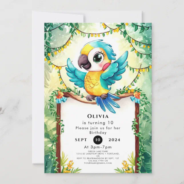 Watercolor Colorful Parrot Birthday Invitation | Zazzle