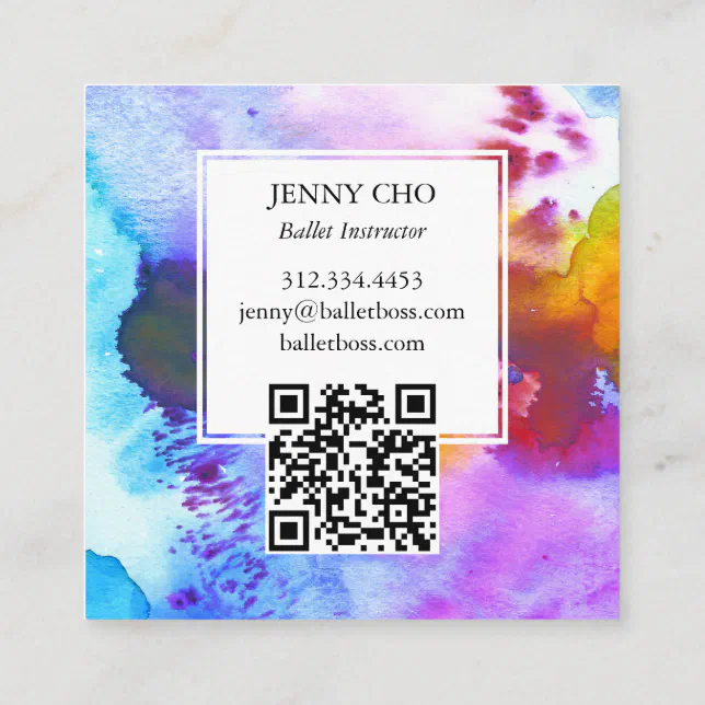 Watercolor Colorful Vivid Textured QR Code Square Business Card | Zazzle