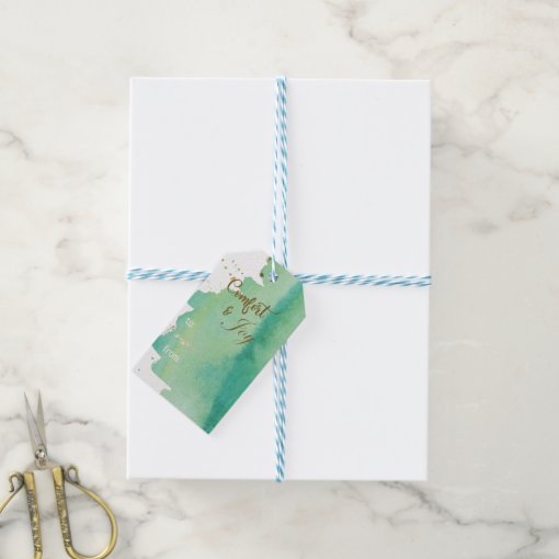 Watercolor Comfort Joy Green Gold Photo Christmas Gift Tags | Zazzle