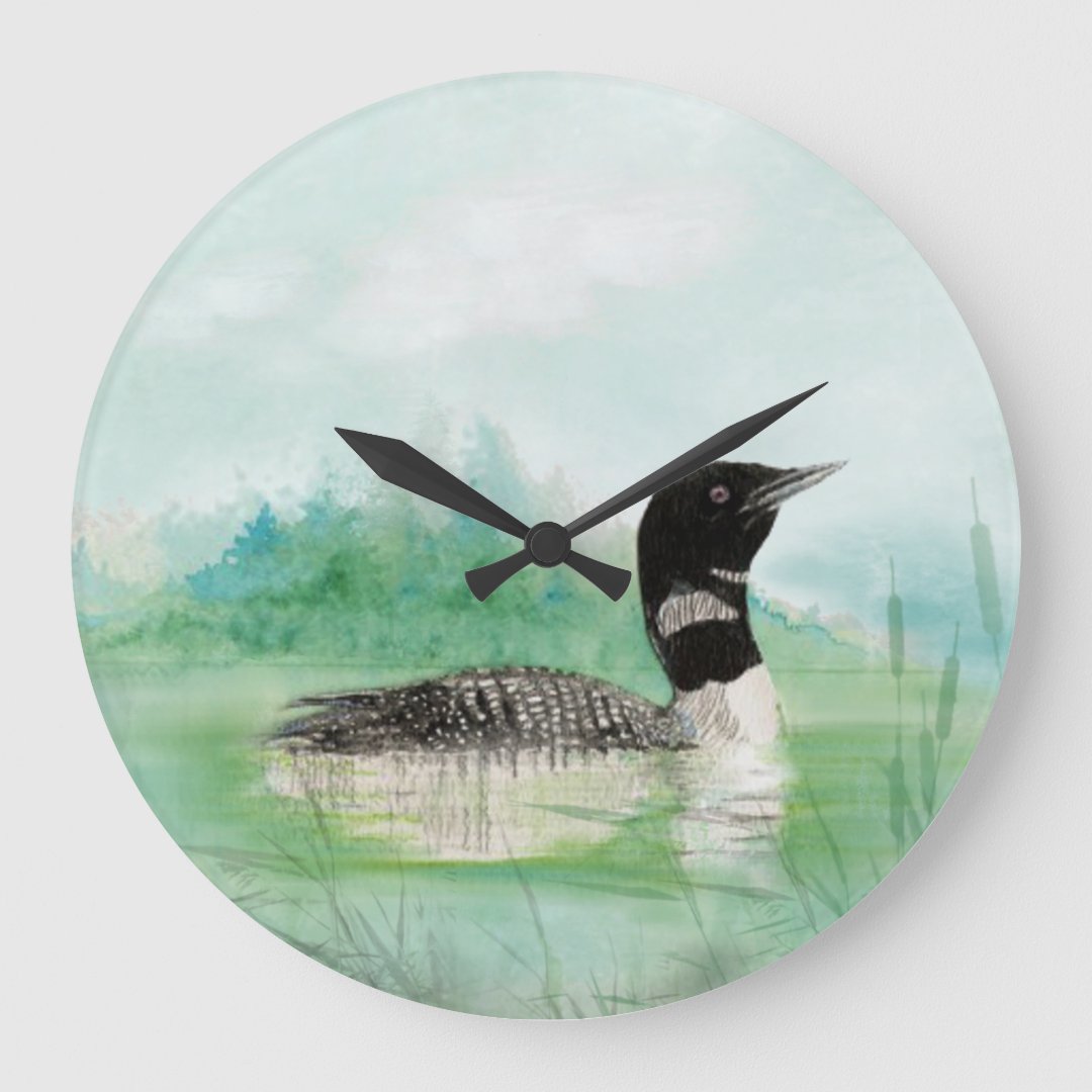 Watercolor Common Loon Bird Nature Art Large Clock | Zazzle