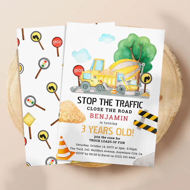 Watercolor Construction Kids Birthday Any Age Invitation | Zazzle