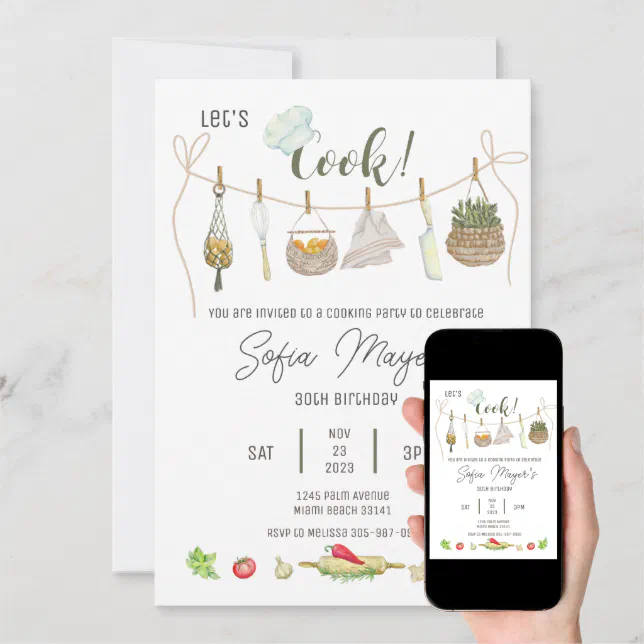 Watercolor Cooking Chef Birthday Party Invitation | Zazzle