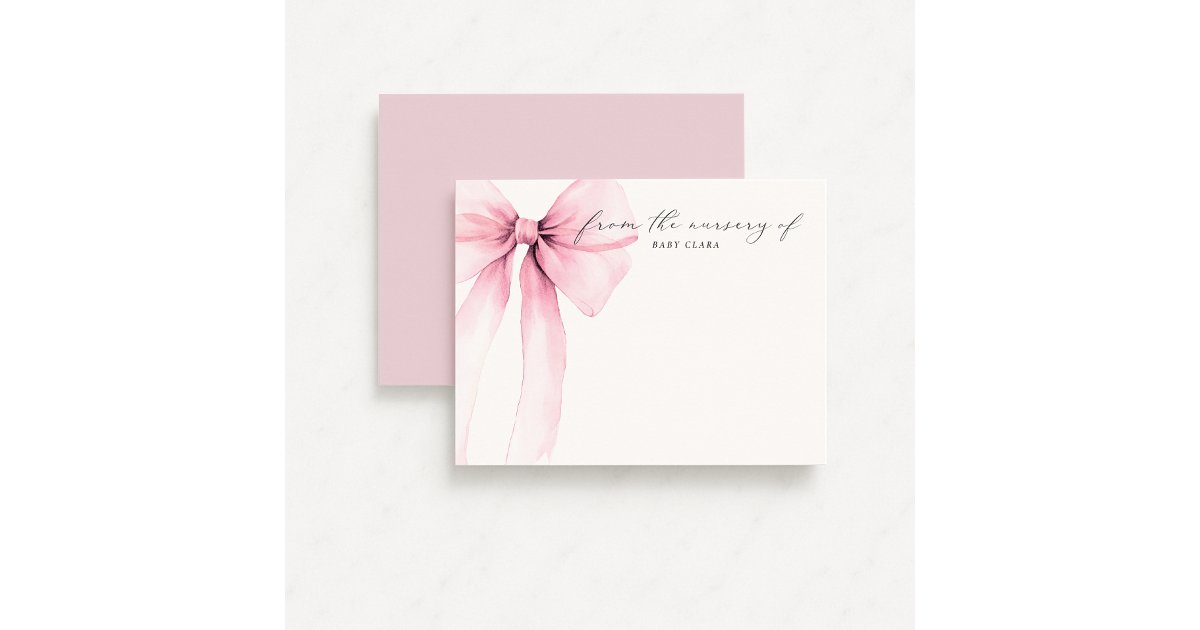 Watercolor Coquette Big Pink Bow Nursery Note Card | Zazzle