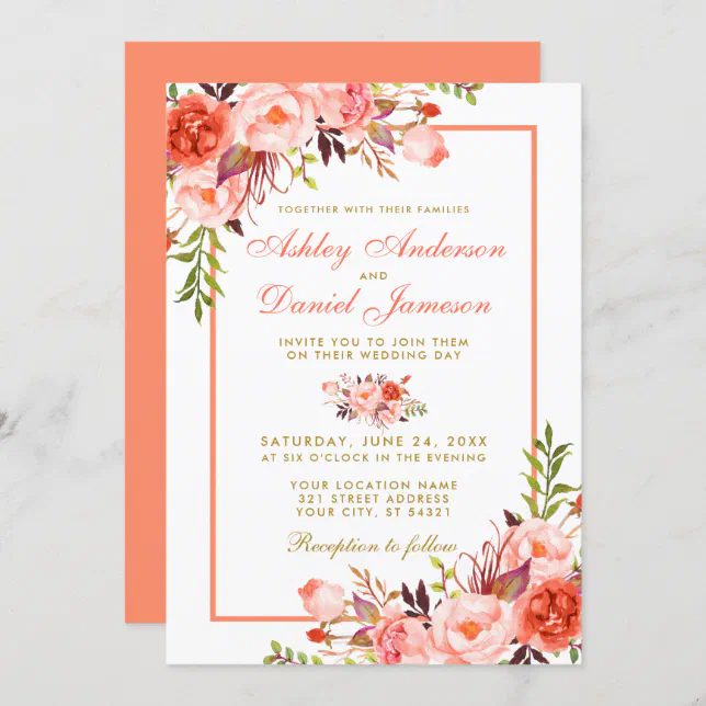 Watercolor Coral Floral Gold Wedding Invitation | Zazzle