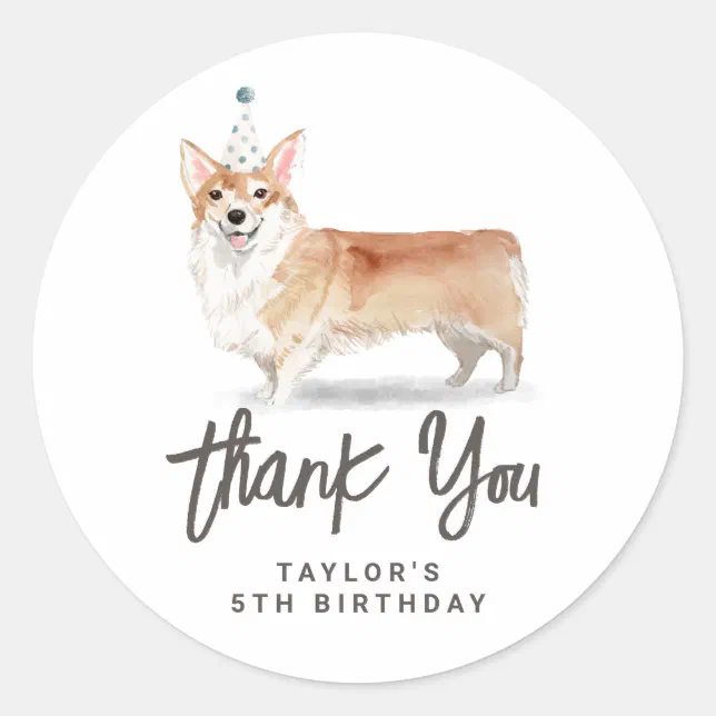 Watercolor Corgi Dog Birthday Thank You Classic Round Sticker | Zazzle