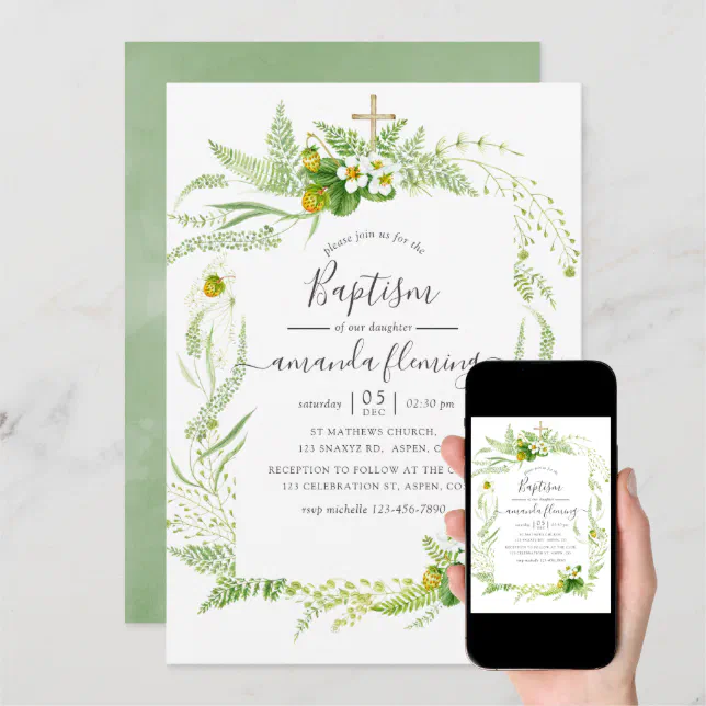 Watercolor Country Rustic Greenery Baptism Invitation | Zazzle