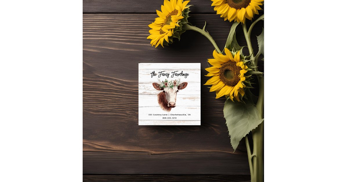 Watercolor Cow Farmhouse Floral QR code Square Business Card | Zazzle