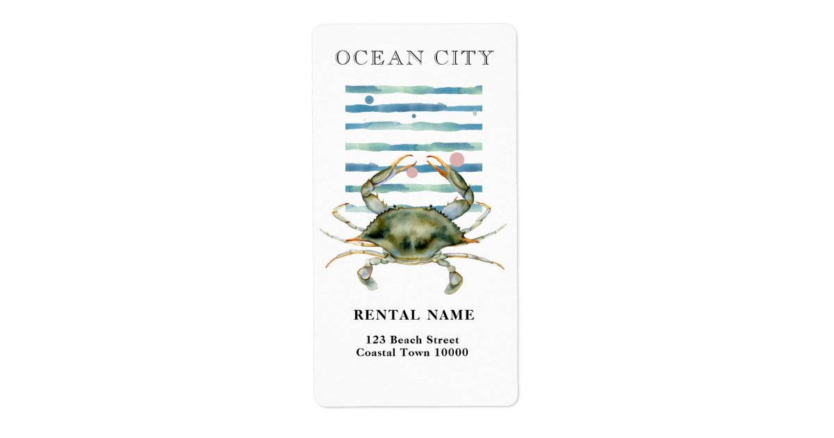 WATERCOLOR CRAB, BEACH TOWN, OCEAN CITY LABEL | Zazzle