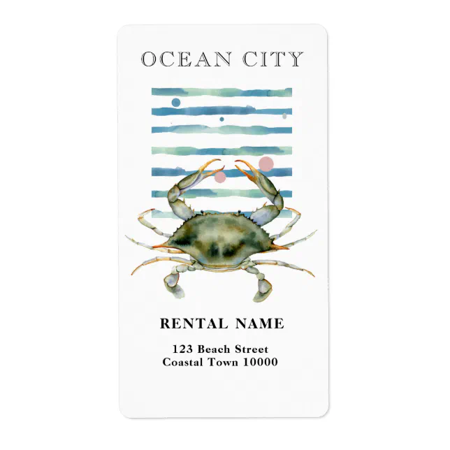 WATERCOLOR CRAB, BEACH TOWN, OCEAN CITY LABEL | Zazzle