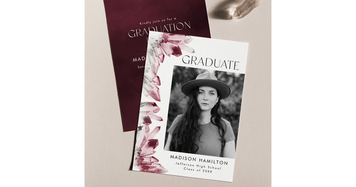 Watercolor Crystal Burgundy Photo Graduation Party Invitation | Zazzle