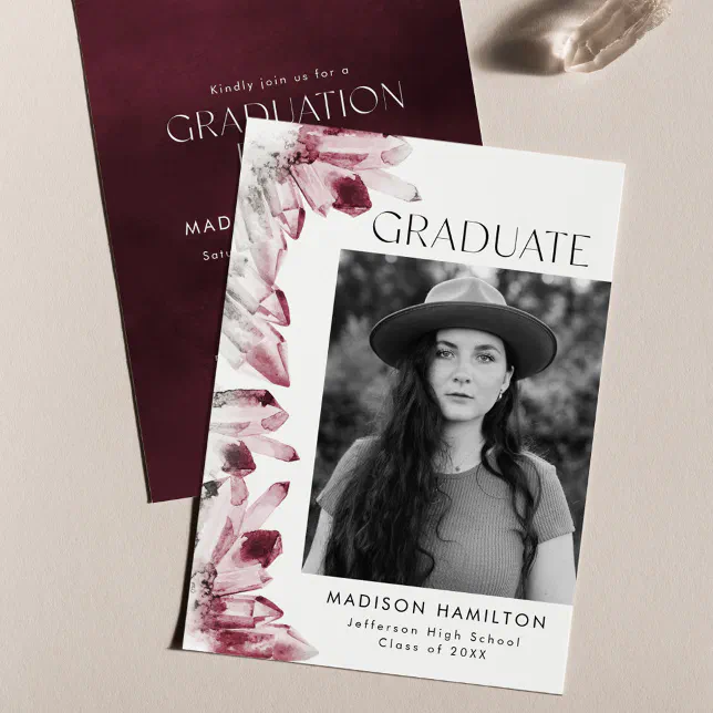 Watercolor Crystal Burgundy Photo Graduation Party Invitation | Zazzle