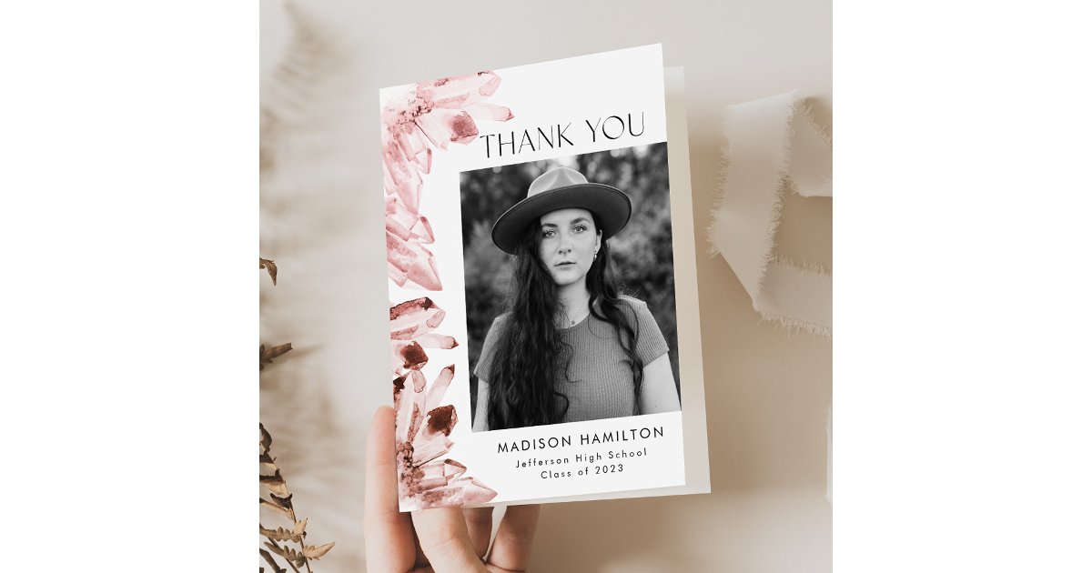 Watercolor Crystals Rose Quartz Photo Graduation Thank You Card | Zazzle