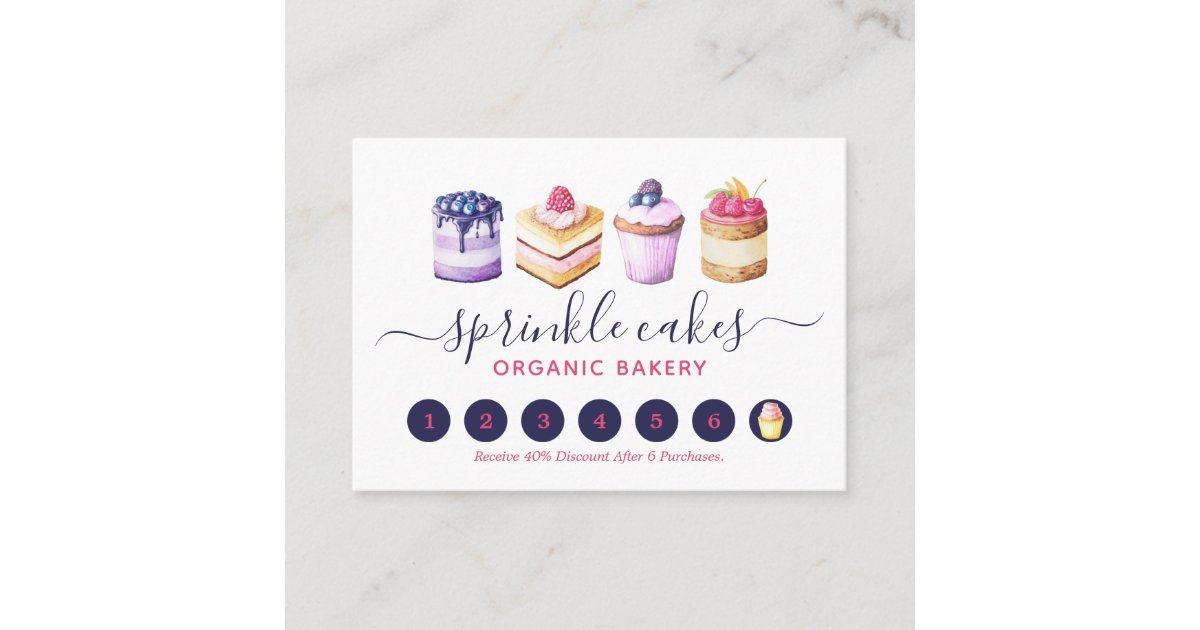 Watercolor Custom Cakes And Sweets Bakery Loyalty Card | Zazzle