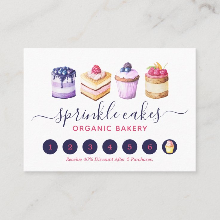Watercolor Custom Cakes And Sweets Bakery Loyalty Card | Zazzle