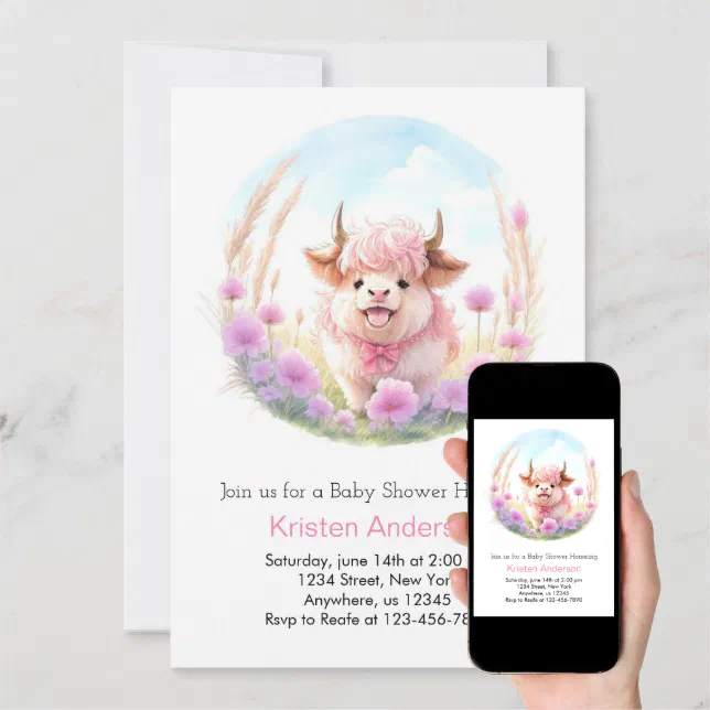 Watercolor Custom Highland Cow Girl Baby Shower Invitation | Zazzle